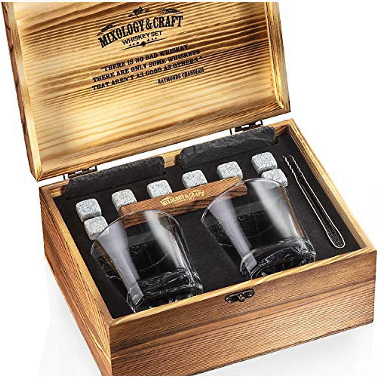 Mixology Whiskey Stones Gift Set for Men - Pack of 2, 10 oz Whiskey Glasses w/ 8 Granite Chilling Rocks, 2 Coasters, Metal Tong & Cocktail Cards in Wooden Box - Square