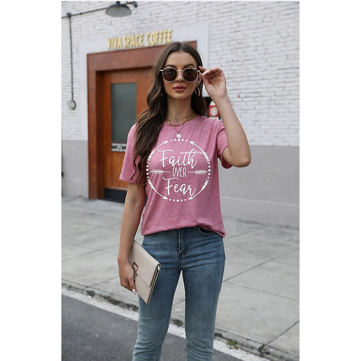 Qrupoad Womens Faith Over Fear T Shirt Summer Casual Christian Religious Inspirational Spiritual Graphic Tees Tops Pink