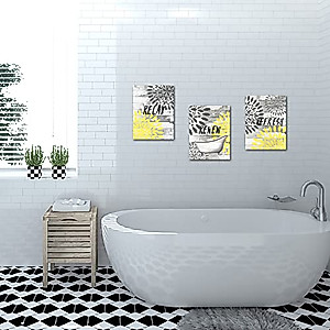 3 Pieces Yellow Relax Bathroom Wall Art Prints Dahlia Flowers Relax Refresh Renew Signs on Rustic Wood Background Stretched and Framed Canvas Pictures For Bedroom Living Room Ready To Hang Each Panel 12x16inch (Small)