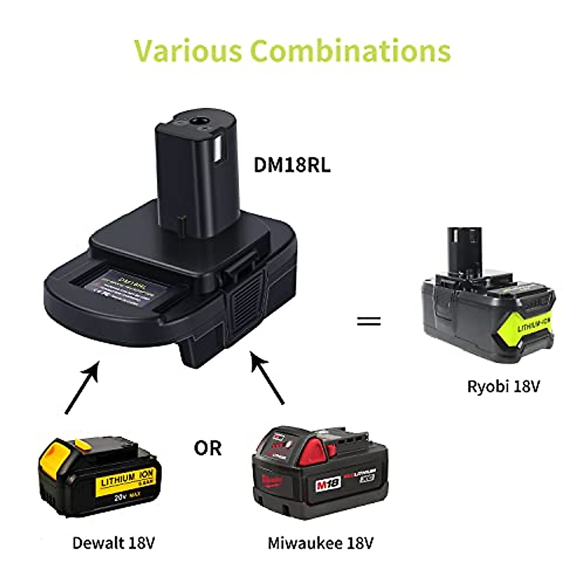 Battery Adapter with USB Port for Dewalt to Ryobi Battery, for Dewalt for Milwaukee Battery Convert to Ryobi 18V Lithium-ion Battery DM18RL