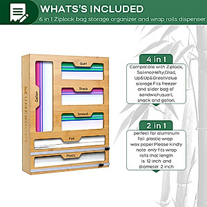 UMERUCCI Storage Bag Organizer Kitchen Drawer with Cutter for Foil and Plastic Wrap, Compatible with Gallon, Quart, Sandwich, Snack Bags, and 12" Aluminum Foil & Wax Paper