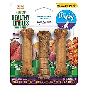 Nylabone Healthy Edibles Natural Puppy Treats Variety Pack - Puppy Supplies - Roast Beef, Bacon, Turkey & Apple Flavors, X-Small/Petite (3 Count)