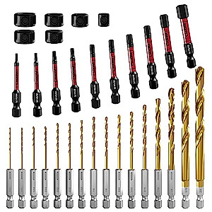 CSOOM 16pcs Twist Drill Bits with 10pcs Impact Magnetic Philips Bits and 6 Piece Drill Locators Set, Made of S2 Alloy Steel, Ideal for Drilling in Metal, Steel, Plastic, Stainless Steel etc