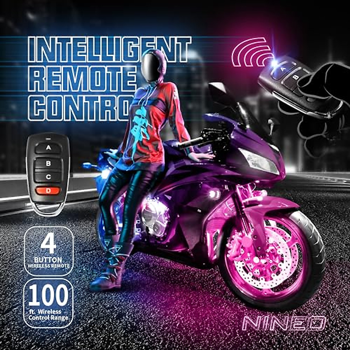 NINEO 8Pcs Motorcycle LED Light Kit with Brake Light, Motorcycle Underglow Lights with Remote Control Fit for Most Motorcycles Carts Trikes Cruiser Scooter ATV UTV - Pack of 8