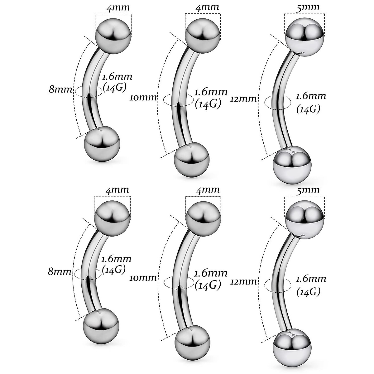 Vsnnsns 14G G23 Titanium Daith Rook Earring Piercing Curved Barbell Eyebrow Rings Snake Eyes Tongue Rings Piercing Jewelry Cartilage Tragus Forward Helix Piercing Jewelry for Women Men 8mm 10mm 12mm