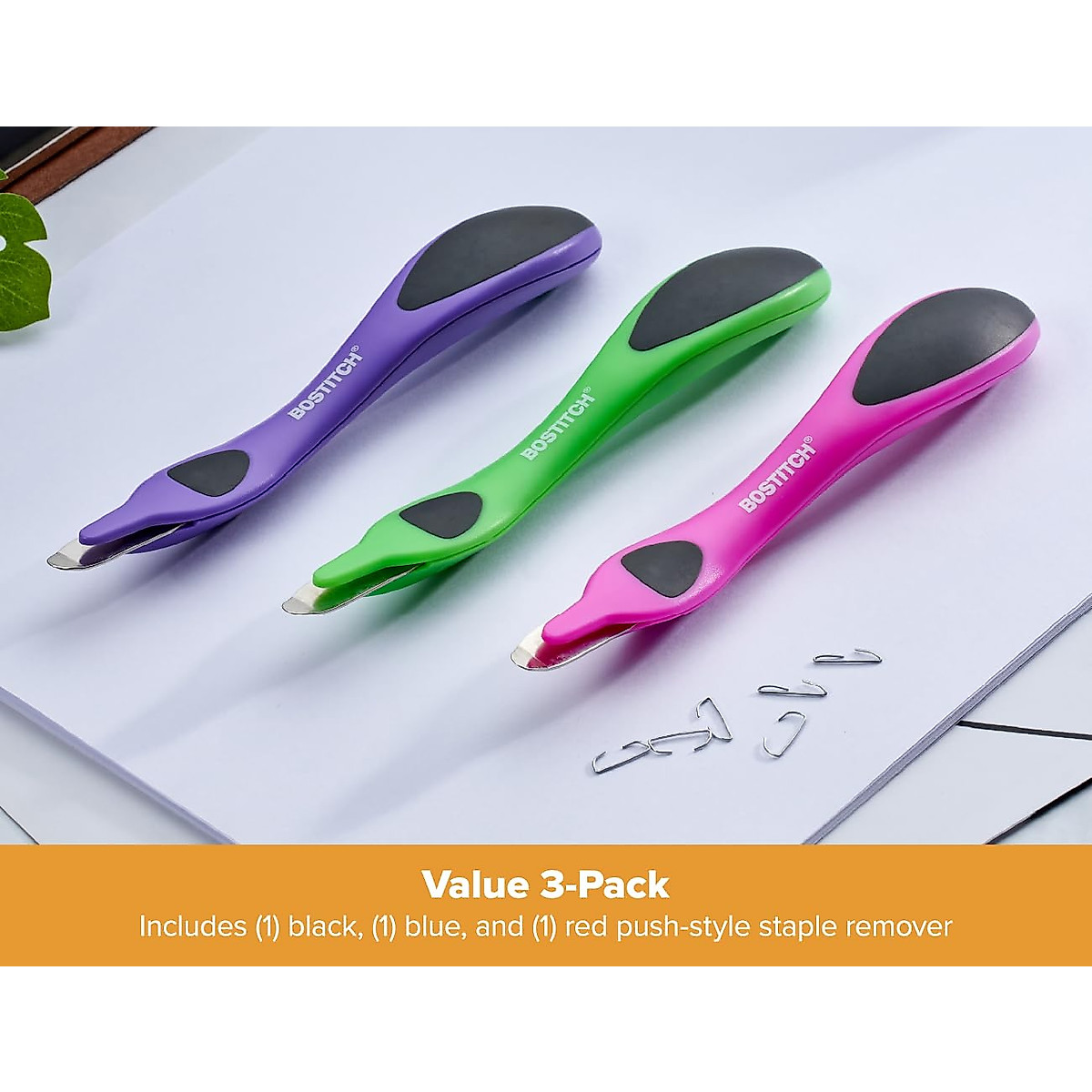 Bostitch Office Professional Magnetic Easy Staple Remover Tool - 3 Pack Neon Colored Staple Puller Stick for Office Home & School.