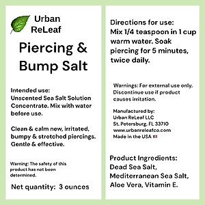 Urban ReLeaf Piercing & Bump Salt ! Unscented Sea Salt Solution Concentrate. Makes 45 Cups! Gentle Effective Clean Soothe Calm. Non-iodized. It works! Cleanse and Soak, Fresh Saline Aftercare