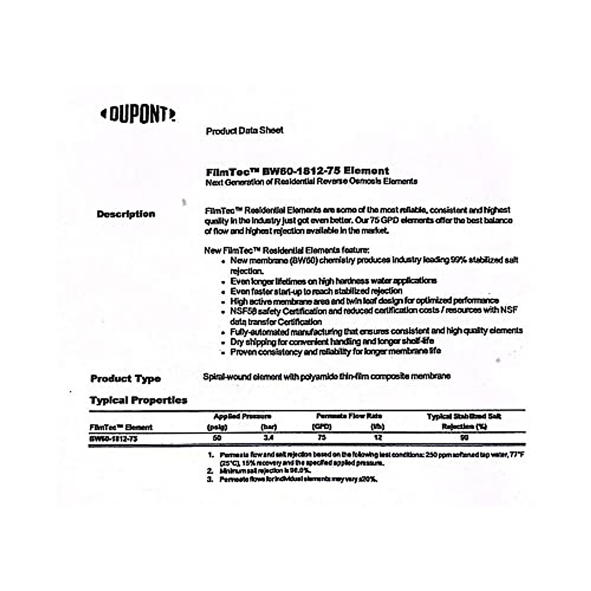 Dow FilmTec, BW60-1812-75 75 GPD TFC Membrane for Undersink Reverse Osmosis (RO) System (Replaces Model TW30-1812-75)