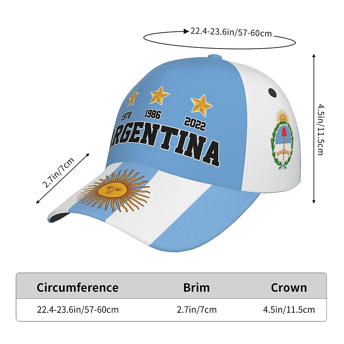 3 Stars 1978 1986 2022 Champions Argentina Baseball Cap Full Print Adult Unisex Adjustable Hat Soccer Fans Caps Black