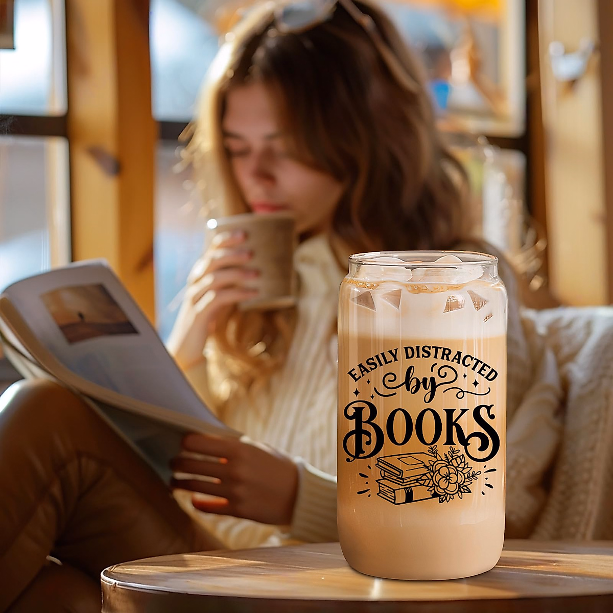 Coolife Book Lovers Themed 16 oz Coffee Glass Cups w/Lids & Straws, Bookish Gifts for Women, Book Club Bookworm Gifts for Book Lovers, Readers Librarian - Christmas, Birthday Book Lover Gifts Ideas