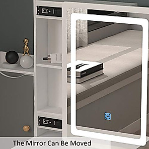 FUFU&GAGA Vanity Set Makeup Vanity Dressing Table with Sliding Lighted Mirror, 4 Drawers & Shelves, Dresser Desk and Cushioned Stool Set (White/Grey)