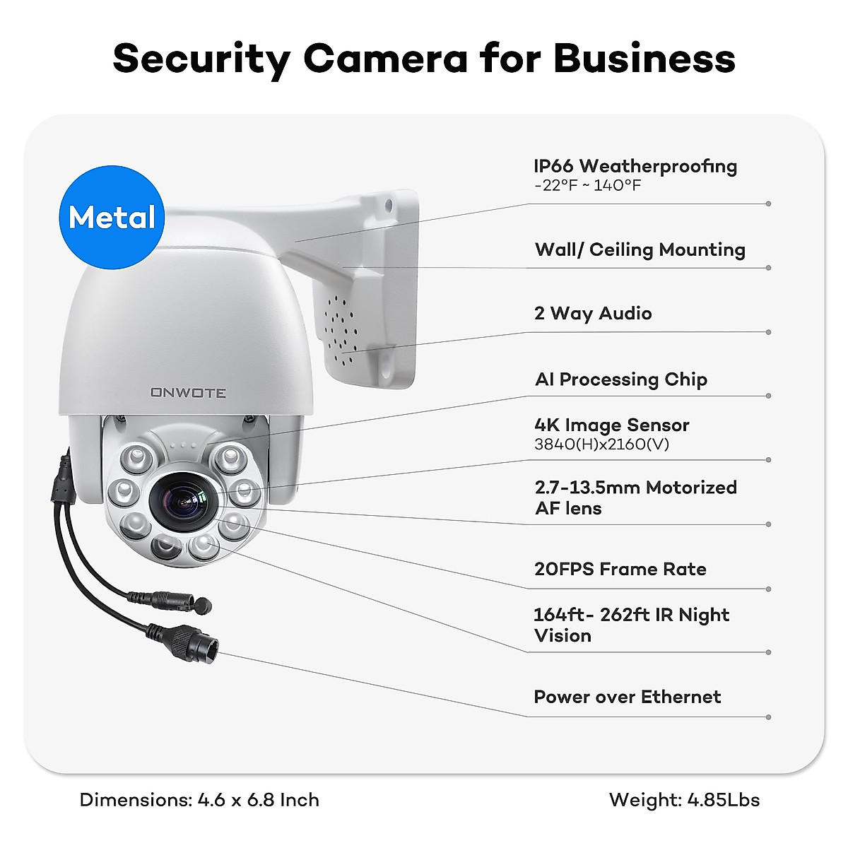 ONWOTE 4K 8MP PTZ IP PoE Camera Two Way Audio, Smart AI Human Vehicle Detection, 355° Pan 92° Tilt 5X Optical Zoom, 2.7-13.5mm Motorized Lens, 164f-262ft IR, IP66, Add-on Camera