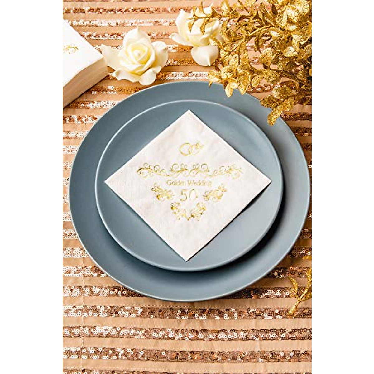 Crisky 100 Pcs Napkins for 50th Wedding Anniversary Beverage Napkins 3-Ply Gold Foil Cocktail Napkins for Wedding Anniversary Shower