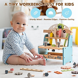 ROBUD Mini Wooden Play Tool Workbench Set for Kids Toddlers - Construction Toys Gift for 36 Months 3 4 5 Years Old Boys Girls