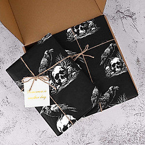 100 Sheets Halloween Tissue Paper for Gift Bags Black White Skull Raven Printed Tissue Paper Spooky Decorative Tissue for Gift Wrapping for Halloween Party DIY Craft, 13.7 x 19.6 Inch