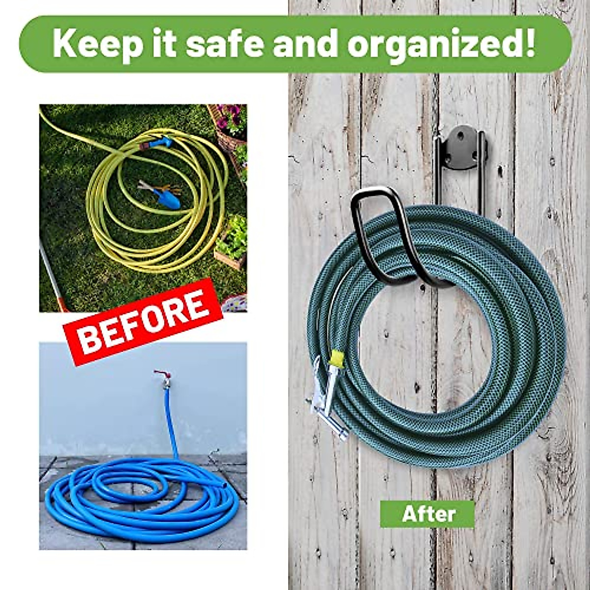 Wall Mount Hose Holder - Garden Water Hose Holders for Outside/Heavy Duty and Durable Hand-Forged Water Hose Hanger Rack (1, M)