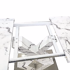Modern Marble Top Dining Table, Extendable Marble Dining Table for 4-6, Expandable Dining Table with Faux Marble Top and Crossed Pedestal Base, Large Dining Table for Dining Room Kitchen (White)