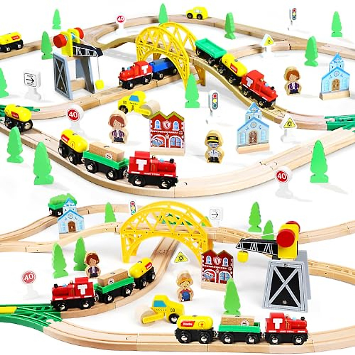 TOY Life Train Set 60pcs Wooden Train Set with Crane, Wooden Train Tracks Toy Train Set for Toddlers 2-4 3-5, Kids Toys for 3 Year Old Boys - Fits Thomas Brio Melisa Chugginton Train Track Set