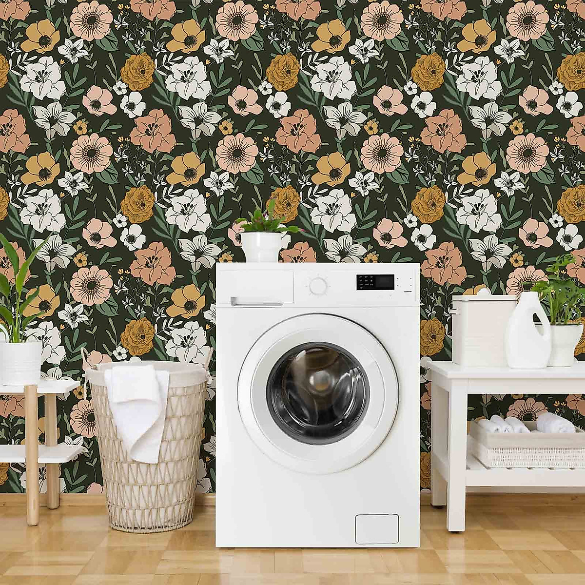 Abyssaly Vintage Large Floral Peel and Stick Wallpaper Boho, Retro Removable Flower Contact Paper for Bathroom, Dark/Sand/Green Vinyl Self Adhesive Wall Paper 17.7inchesx118inches