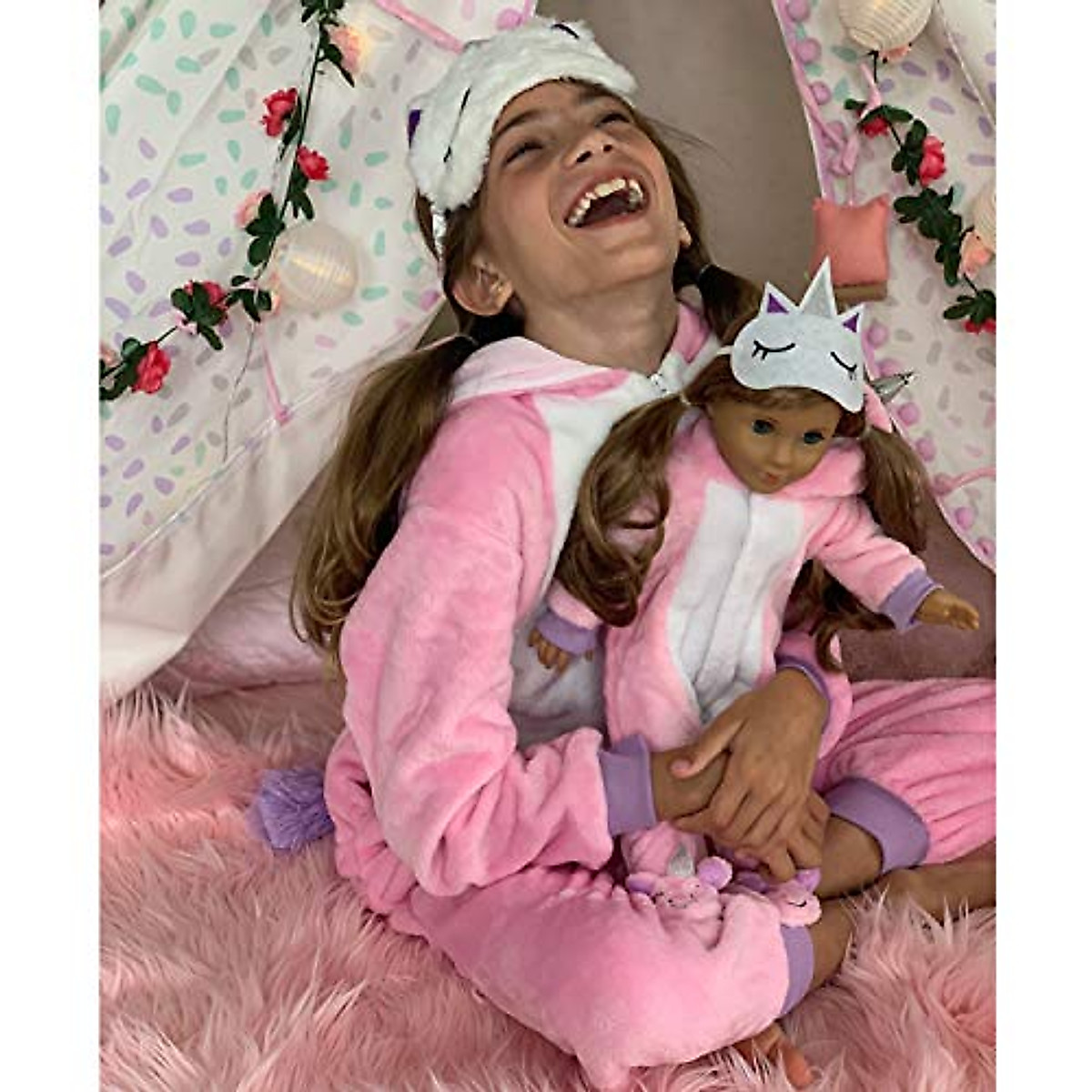 MY GENIUS DOLLS Unicorn Matching Onesie Pajamas and Sleepmasks - Fits Girl and 18 inch Doll Like American (Doll Not Included)