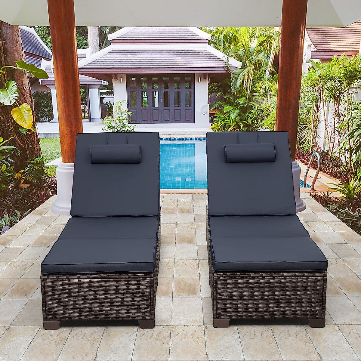 Outdoor PE Wicker Chaise Lounge Set, Patio Lounge Chairs, Outside Pool Lounger Furniture Set of 2, Brown Rattan Recliners with Adjustable Backrest, and Navy Blue Cushions