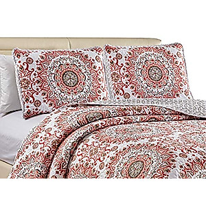 Home Collection 3pc King/California King Quilted Bedspread Set Floral Bedding Coral Salmon Sage Green Grey Taupe New