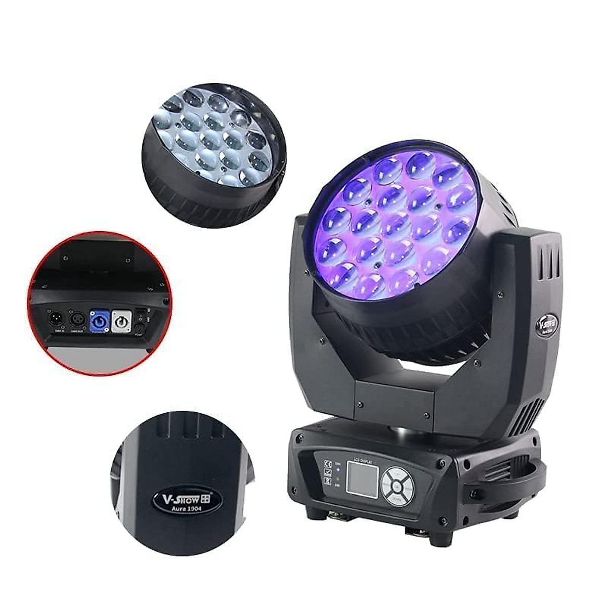 VShow 19x15W RGBW 4IN1 Aura Zoom Wash Moving Head Light with Backlight Led- LED Beam Zoom Moving Lights, Stage Led Moving Head Lighting for Dj Disco and Party (Black)