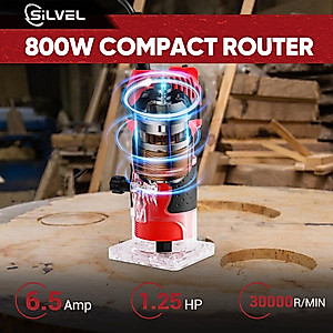 SILVEL Wood Router, 800W Wood Routers for Woodworking, 6.5Amp 1.25HP Hand Wood Router Tool, 30000R/MIN Compact Edge Trimmer with 15 1/4" Router Bit Set, Red
