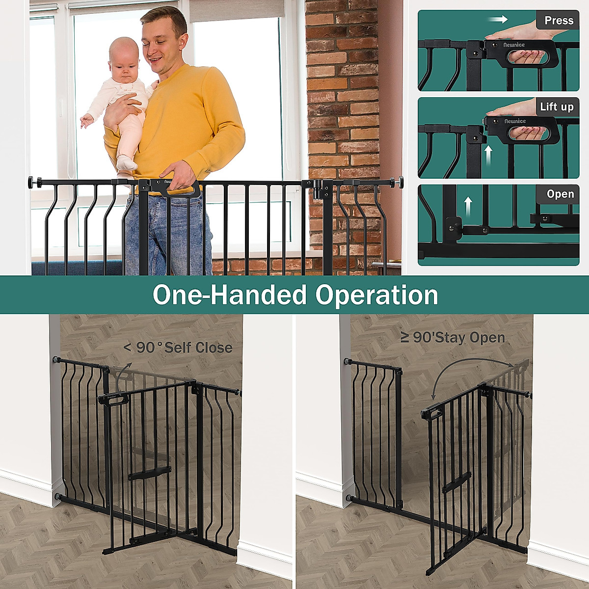 Newnice Upgraded Baby Gate with Cat Door 29.9-48.8" Extra Wide, Tall Dog Gate for The House Doorways Stairs, Auto Close Walk Thru Safety Gate with Small Pet Door, Pressure Mounted Child Gate, Black