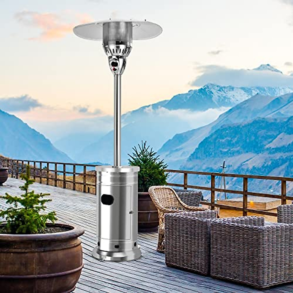 Tangkula 48,000 BTU Outdoor Patio Heater with Wheels, Stainless Steel Propane Heater with Tip-Over & Flameout Protection, Propane Gas Heater with Drink Shelf Table for Commercial & Residential
