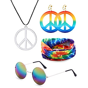 VALIJINA Hippie Costume Set Sunglasses Peace Sign Earrings Tie Dye Headband Bandana 60s or 70s Hippie Accessories