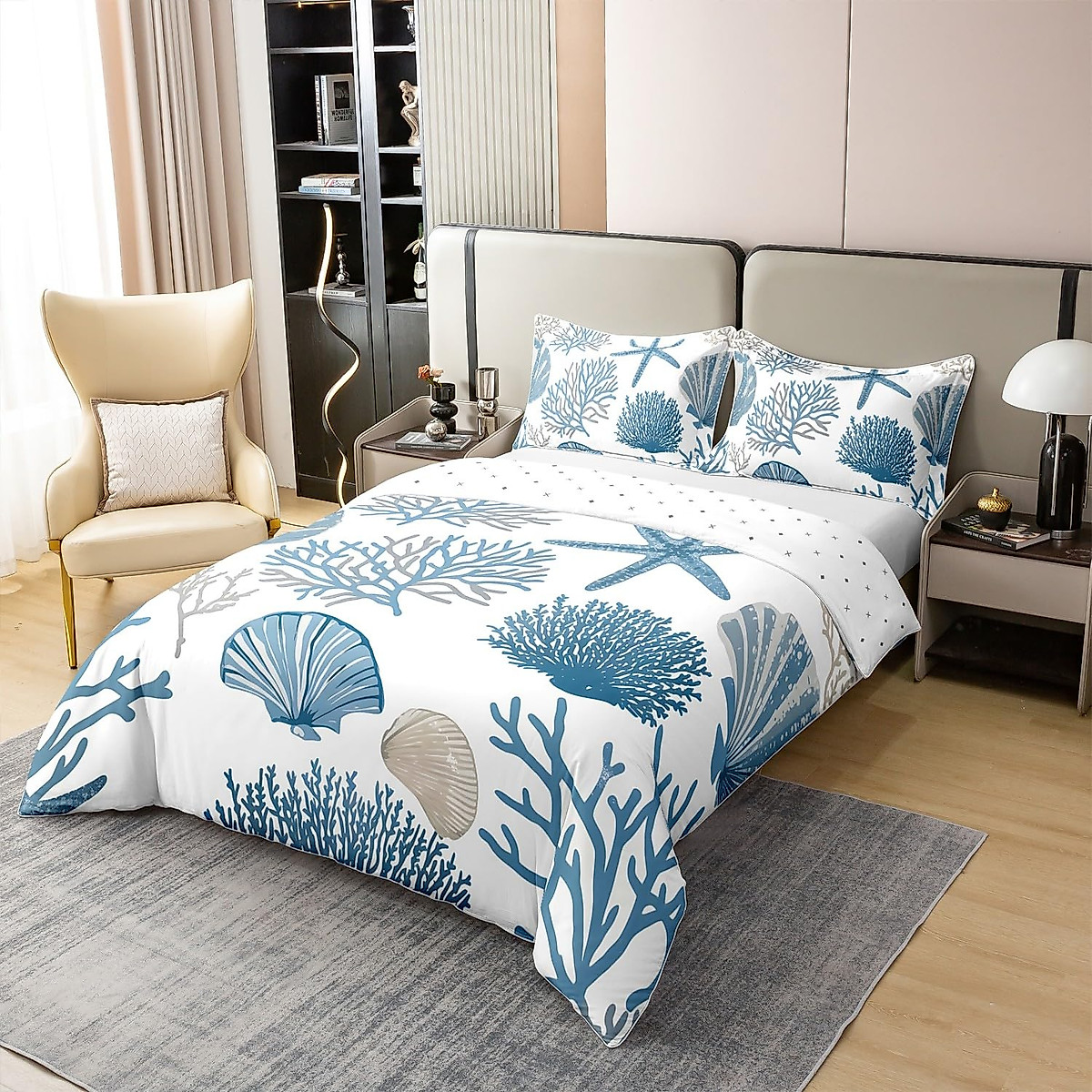 jejeloiu Boys Girls Abstract Bedding Set Twin Size, Ocean Duvet Cover Set 100% Cotton Beach Cotton Duvet Cover with 1 Pillow Case Kids Starfish Shell Teens Comforter Cover