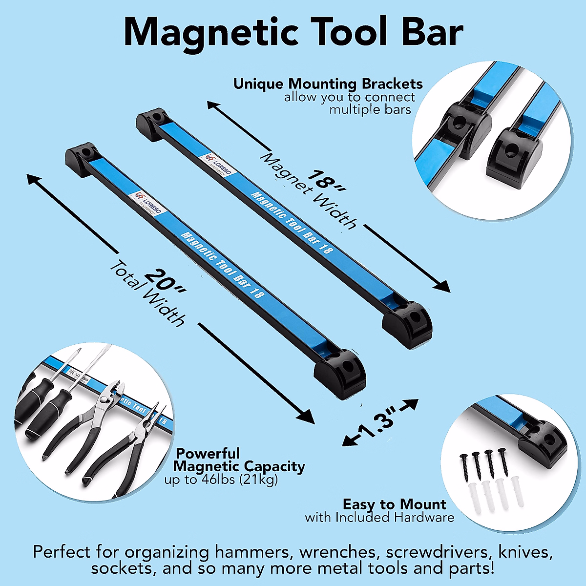 LSR LORESO Magnetic Tool Holder 18 Inch, Set of 2 Magnetic Tool Bars, Heavy-Duty Metal Magnet Strip Tool Organizers Rack for Screwdrivers, Pliers, Wrenches, Knives with Wall Mount Brackets and Screws