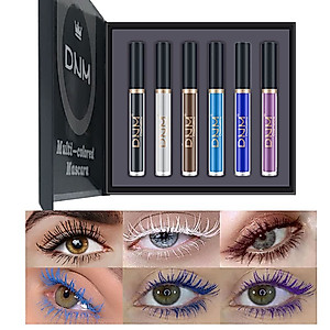 DNM 6 Color Colored Colorful Waterproof Mascara, Blue White Black Brown Purple for eyelashes Long lasting Charming Voluminous for Women Cruelty Free Vegan Eye Makeup