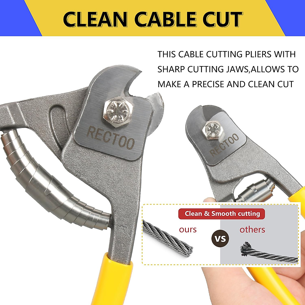 RECTOO Cable Wire Cutters (RT02), Forged from Heavy Duty Stainless Steel metal, 8 Inch small Wire Rope Cutter Tool upto 1/4" for stainless steel wire rope, bike brake cable, railing cable
