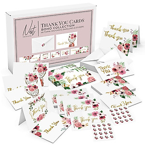 Boho Floral Thank You Cards for Designer Thank You Notes! Bulk Set of 48 Blank Cards with Envelopes for Baby Shower Note Cards, Wedding Thank You Cards and Bridal Shower Thankyou Card