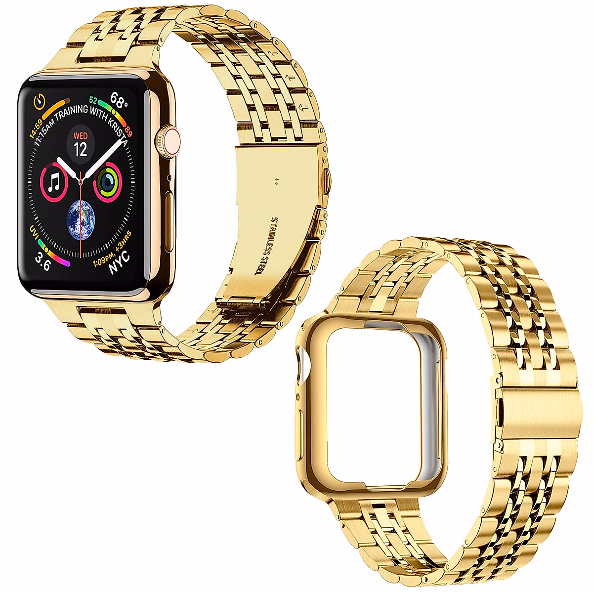 MioHHR Compatible with Apple Watch band 44mm 42mm (Not Series 10), Solid Stainless Steel Metal Strap for iWatch Series 6 5 4 3 2 1 SE, Gold