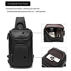 LANNSYNE Men's Vintage Full Grain Leather Sling Bag, Crossbody Chest Daypack fits 10.5" iPad, Black