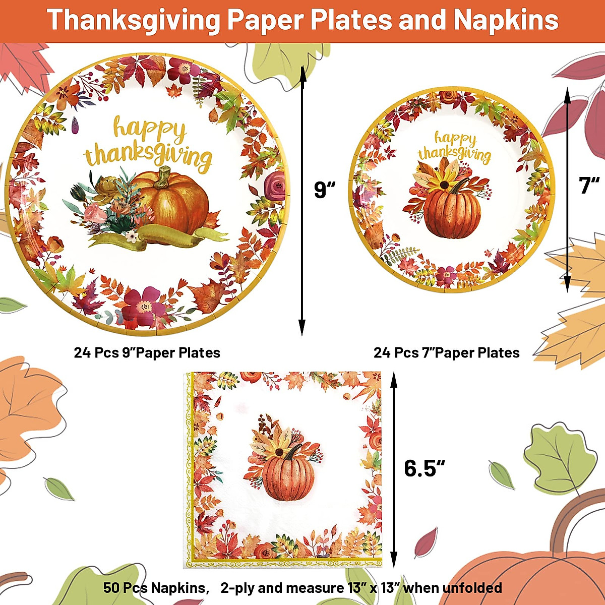 ceiba tree Thanksgiving Disposable Paper Plates and Napkins Sets for 24 Guests Fall 9inch Dinner Plates 7inch Dessert Plates Party Supplies Heavy Duty Dinnerware