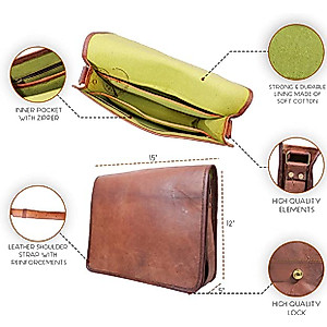 JMD Arts Leather Messenger Bag - Leather Laptop Bag for Men and Women Full Grain Leather Messenger Satchel Office Crossbody Shoulder Bag 15 Inch, Brown