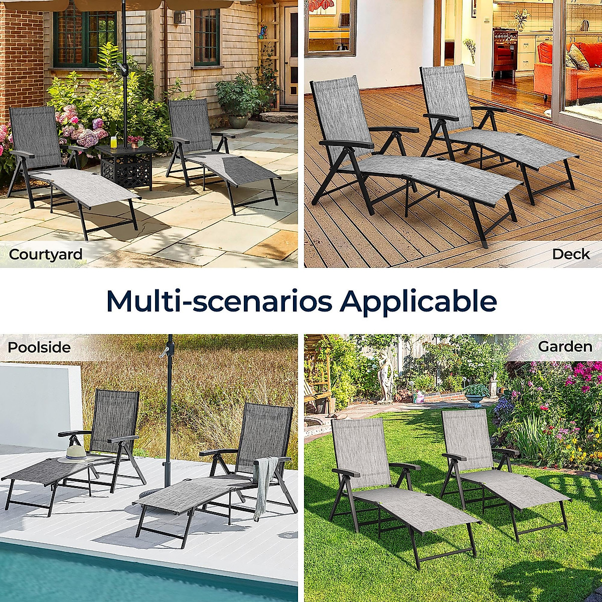 Yaheetech Outdoor Folding Chaise Lounge Set of 2 Patio Reclining Chairs w/Adjustable 7-Position Back for Beach Pool Garden Yard Deck Gray