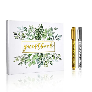 Wedding Guest Book, Includes 2 Markers Pen, 120 Lined Pages Guest Sign-in Book, White Cover with Gold Foil Design, Gold Gilded Edges, 9x7 Inches Hardbound, Gold Ribbon, Guest Book Wedding Reception