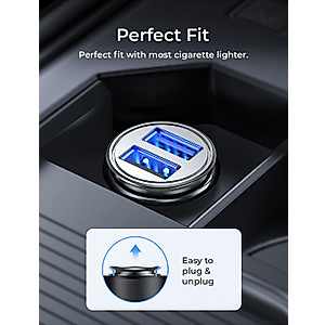 AINOPE Car Charger Adapter【Smallest Metal】 4.8A Cigarette Lighter USB Car Charger Adapter Dual Port 12V USB Outlet Flush Fit for iPhone 16 Pro Max/15/14 iPad Air Samsung Galaxy S25 S24 Ultra,Sliver