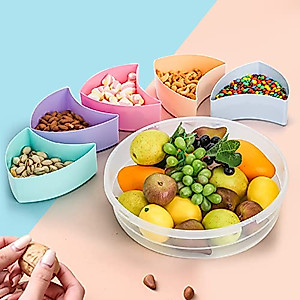 Cedilis 2 Pack Snack Serving Tray with Lid, 12inch Fruit Serving Container, 5 Colorful Compartment Round Appetizer Tray, Divided Plastic Food Storage Organizer Plate for Snack, Candy, Nut, Picnic