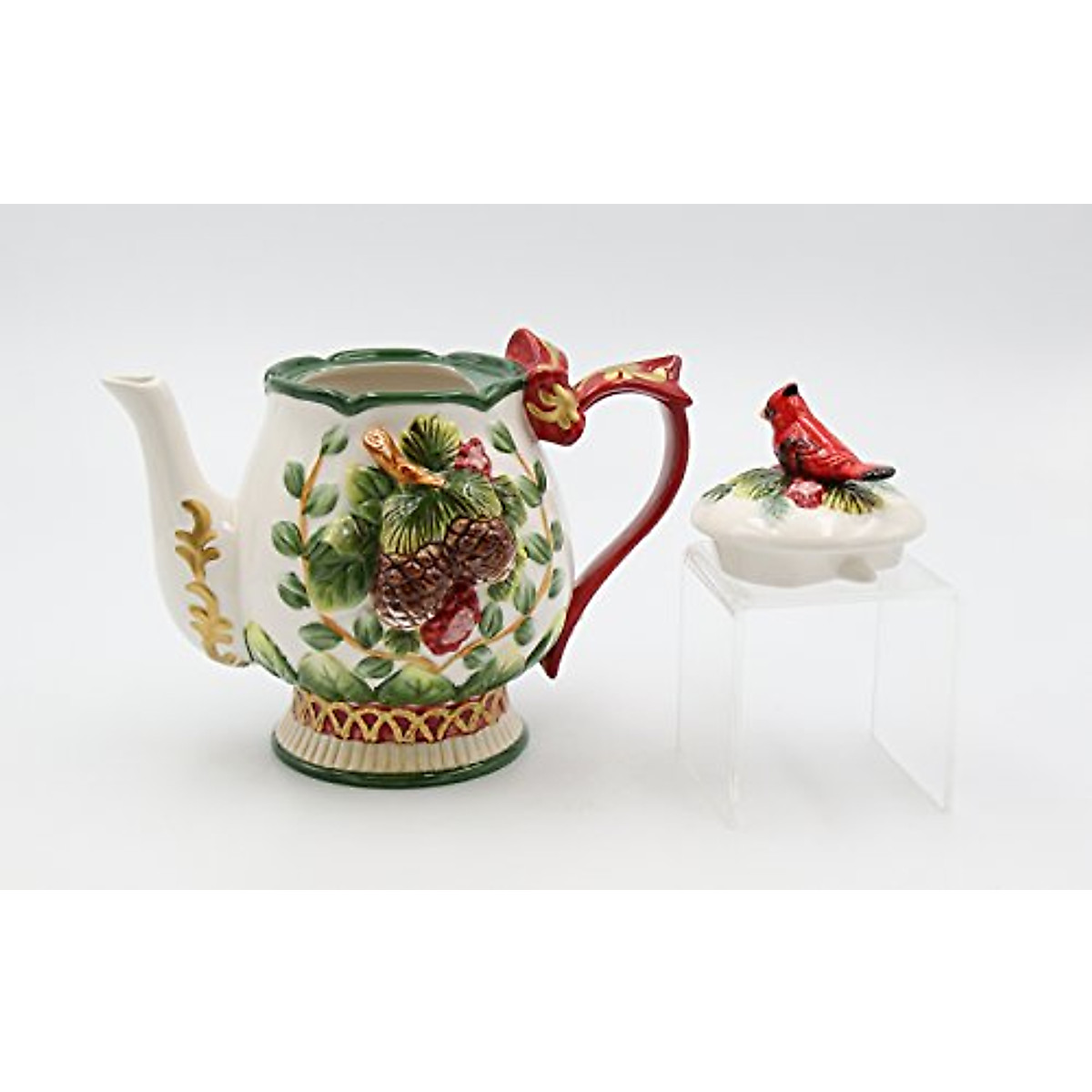Fine Ceramic Hand Painted Cardinal and Evergreen Pine Cone Design with Red Ribbon Handle Teapot, 8-1/8" L
