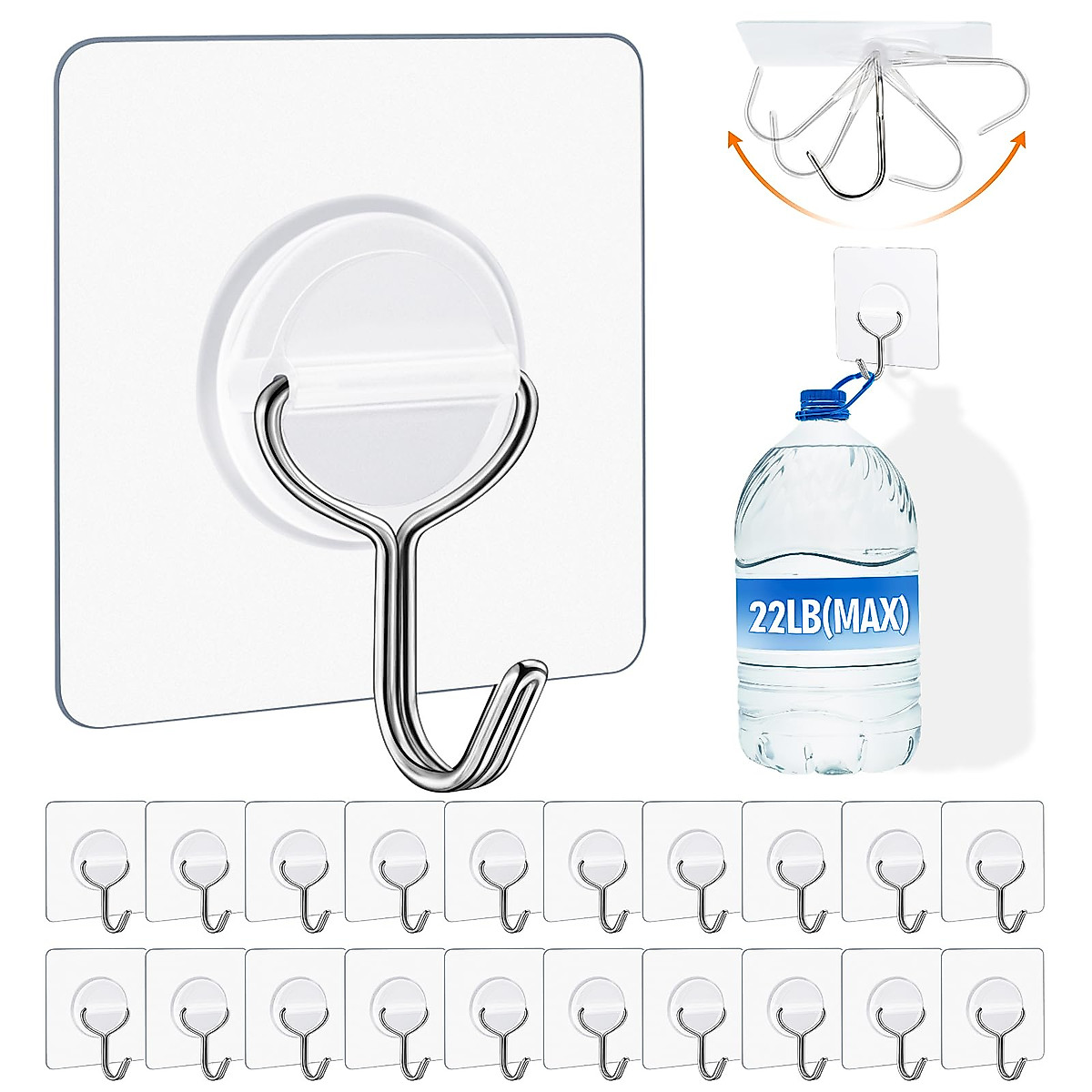 YSJNUS Adhesive Hooks Wall Hooks for Hanging Heavy Duty 22lb(Max), Waterproof and Rustproof Transparent Self Adhesive Hooks for Bathroom Kitchen Outdoor and Home Improvement -20 Pack