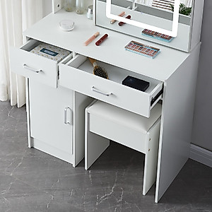 Logimiz Vanity Desk with Mirror and Lights-3 Colors and Brightness Adjustable, Girls Makeup Vanity with Hiding Shelves, White Vanity Set with Cabinets, Drawers and Cushioned Stool