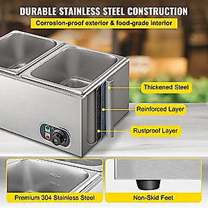 Commercial Food Warmer 850W Electric Steam Table 17 Qt Bain Marie - Stainless Steel for Buffet Catering
