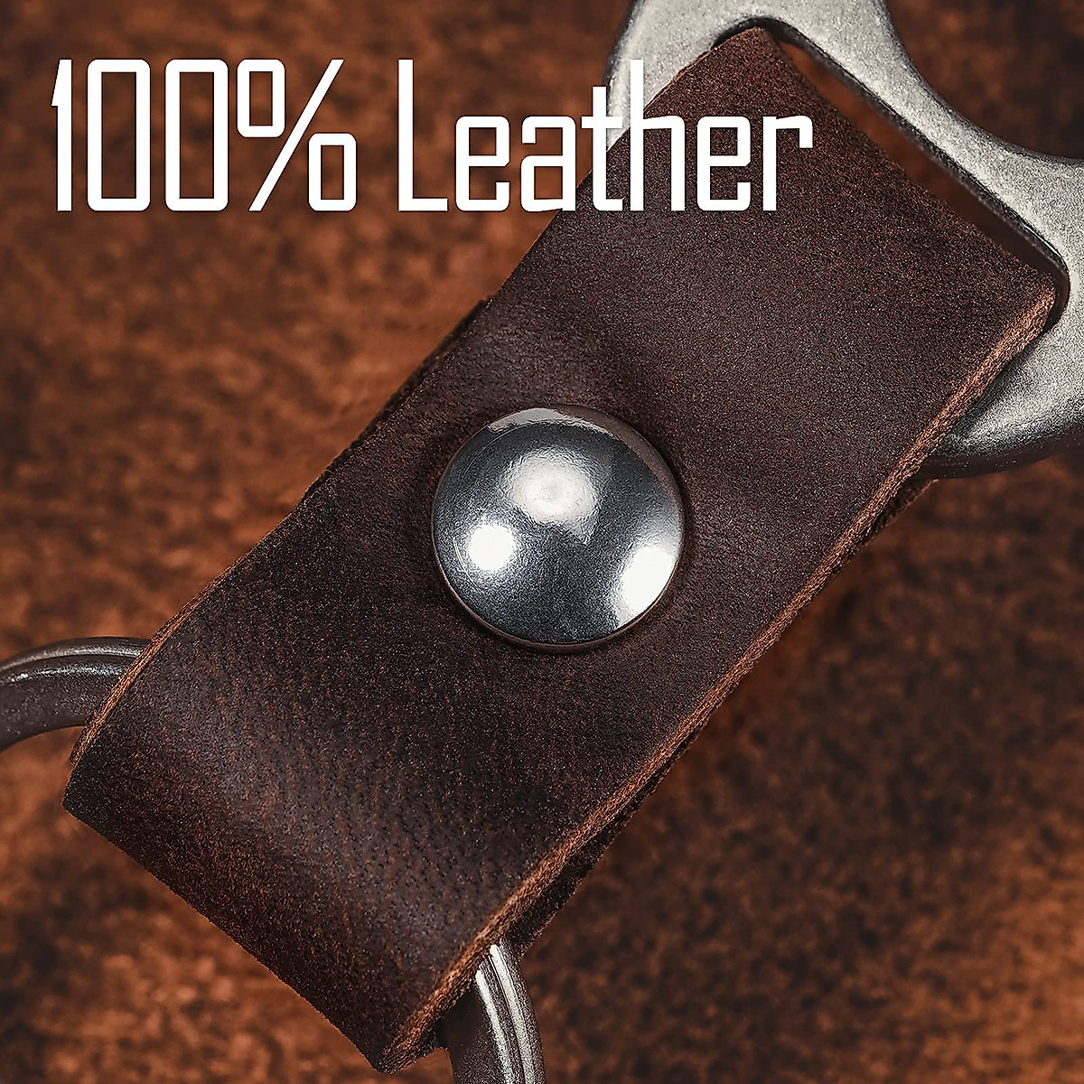 KeyUnity KM02SW Titanium Belt Clip Carabiner Leather Keychain Holder with Removable Stainless Steel Key Ring (Sandblasted)