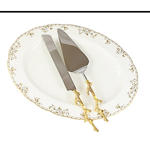 RS Accessories LLC Server Set, Cake, Pie, Desert Flatware Set, Tree Branch Design, 2-Piece 18/10 Stainless Steel with Brass Handles (Light Antique Gold Finish)…